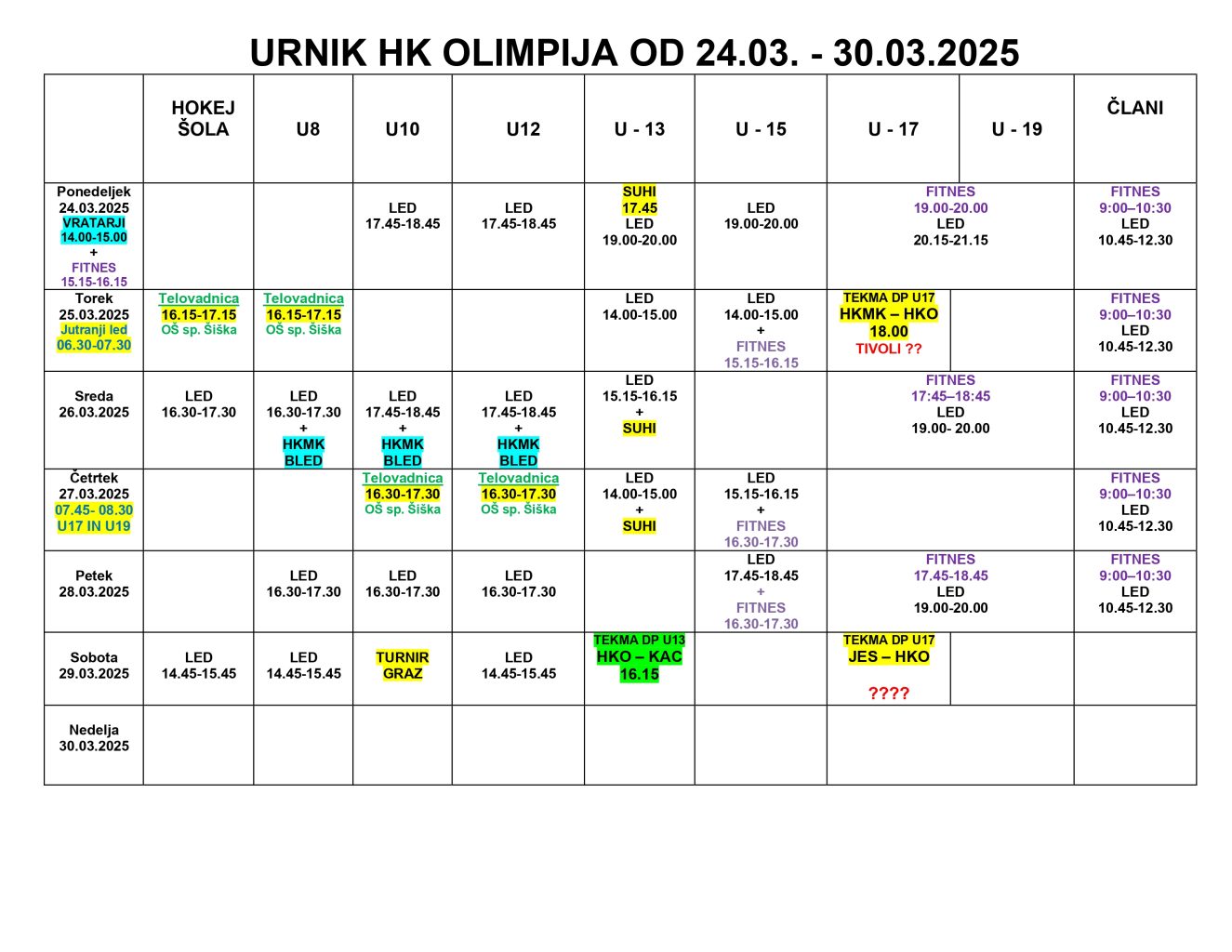 Urniki – HK Olimpija – Rojeni iz legende